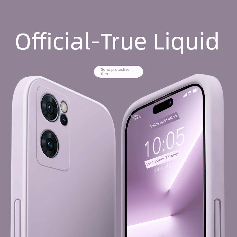 OPPO Reno7 Pro Жидкий силиконовый чехол с защитным стеклом - Травяной пурпурный, премиальный аксессуар