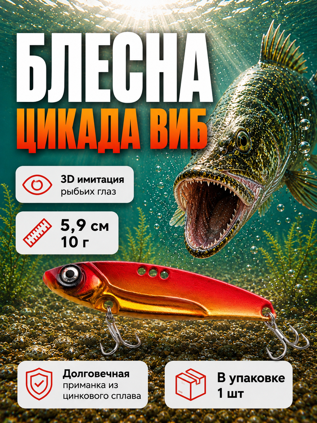 Рыболовная металлическая вибрационная виб-приманка VIB, блесна цикада, тонущая для дальнего заброса, для морской и пресноводной рыбалки 5,9 см/10 г, золотисто-красная