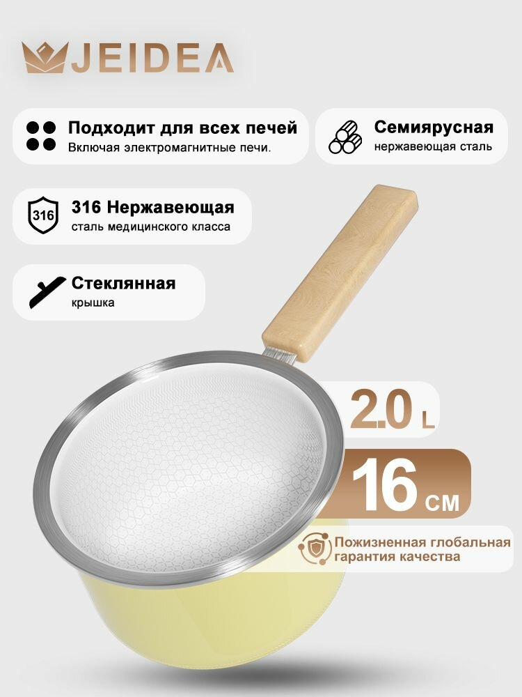 Ковшик кухонный с крышкой 2 л сотейник с толстым дном Нержавеющая сталь 18 / 10 316L с антипригарным покрытием, подходит для газовых, электрических плит