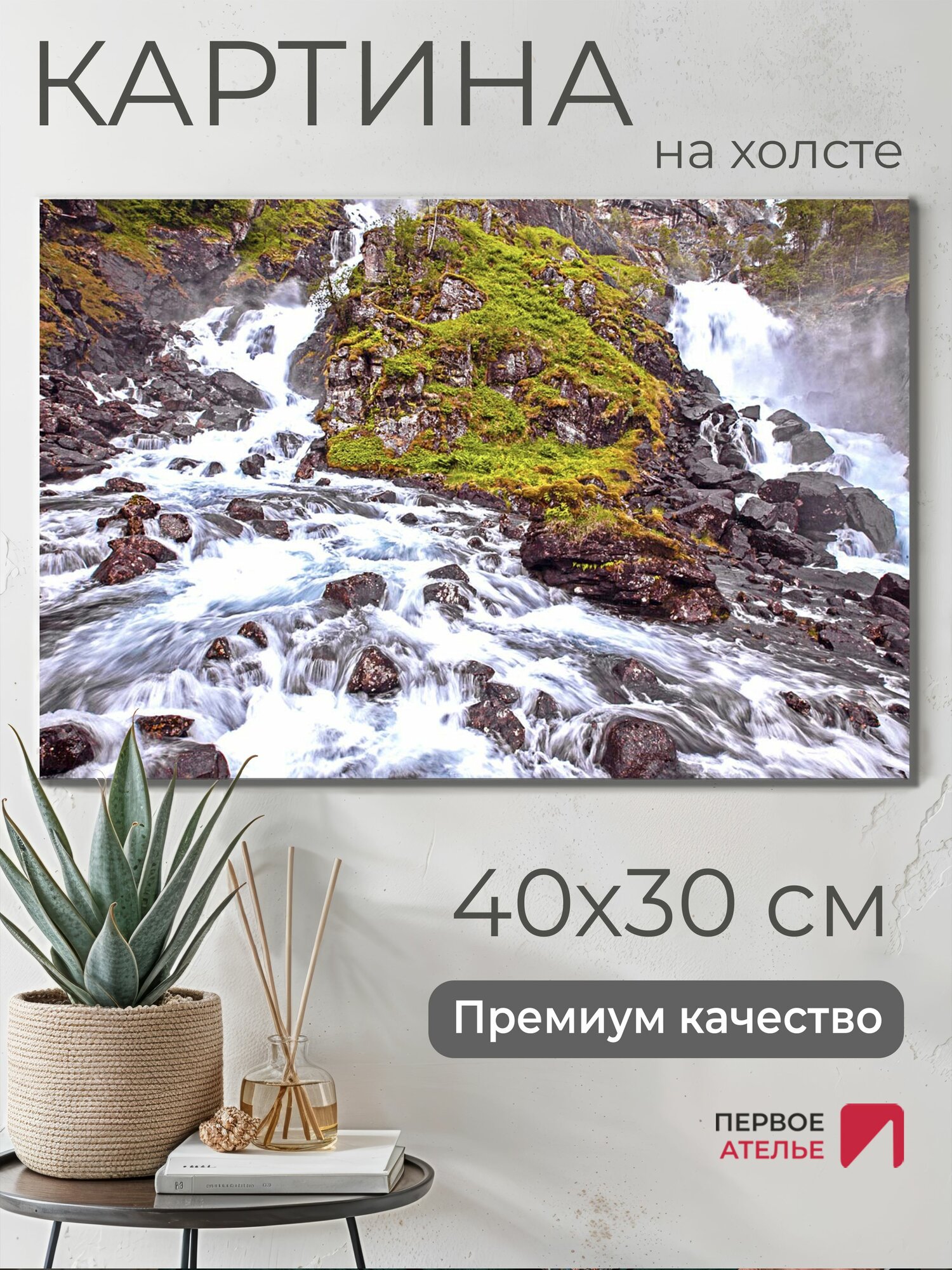 Картина на стену для интерьера "Водопад на скалистой горе" 40х30 см (ШхВ), картина природа интерьерная на холсте от Первое ателье