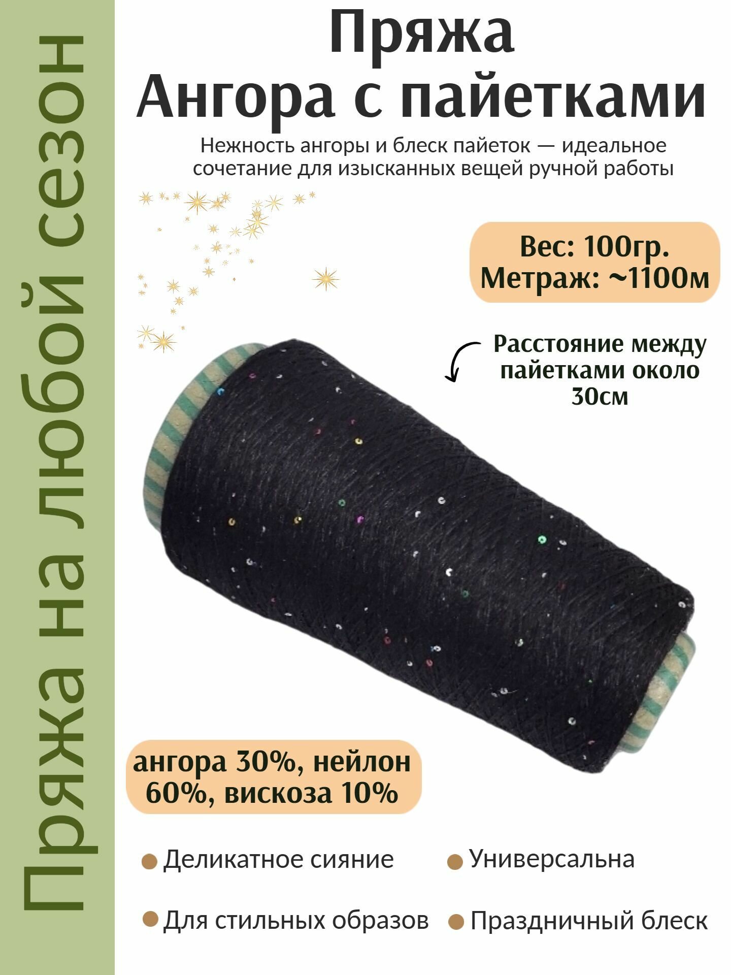 Пряжа Ангора с пайетками, вес нетто 100гр, цвет 306А (черный)