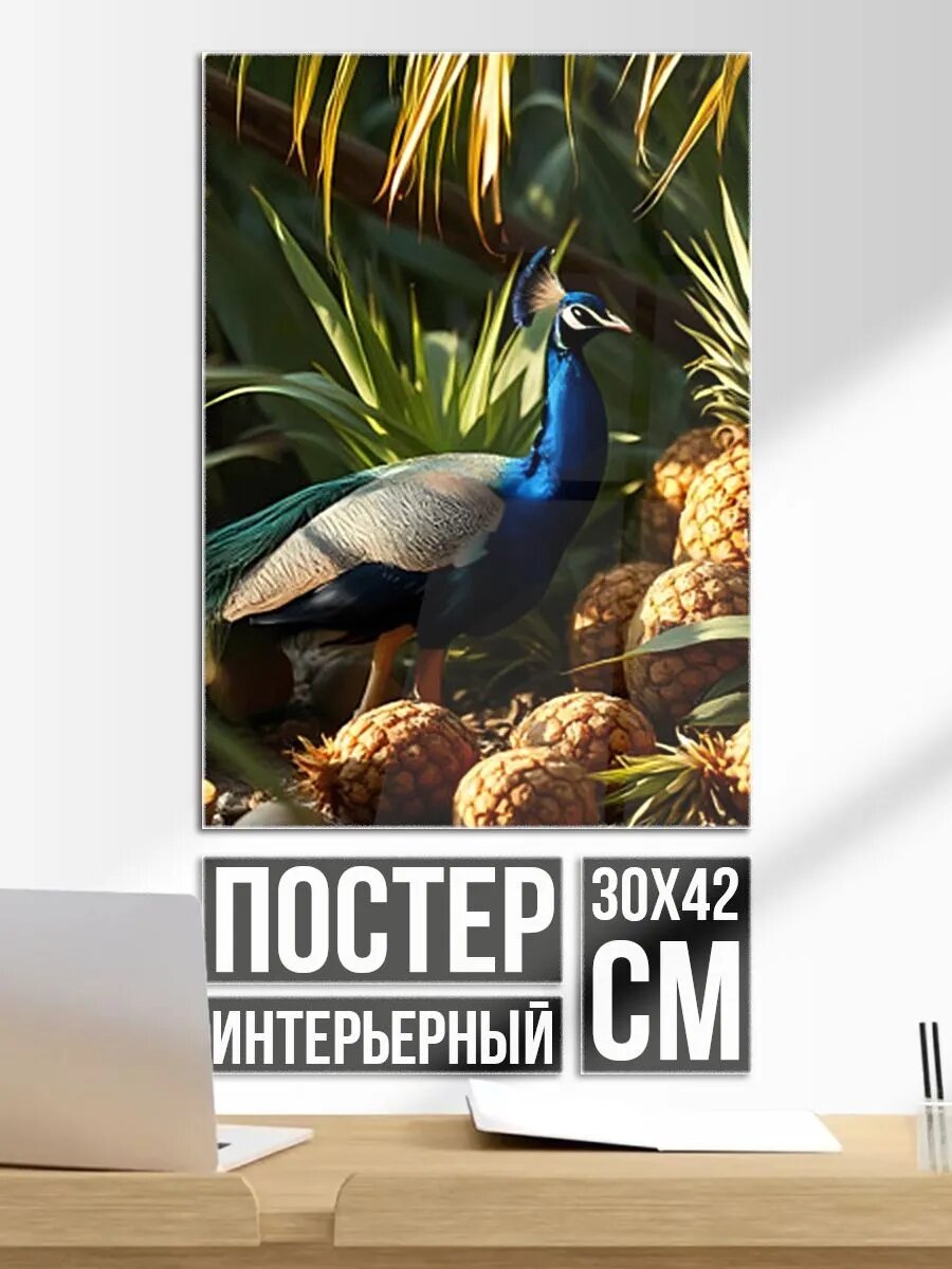 Постер на стену Павлин стоящий рядом с ананасами
