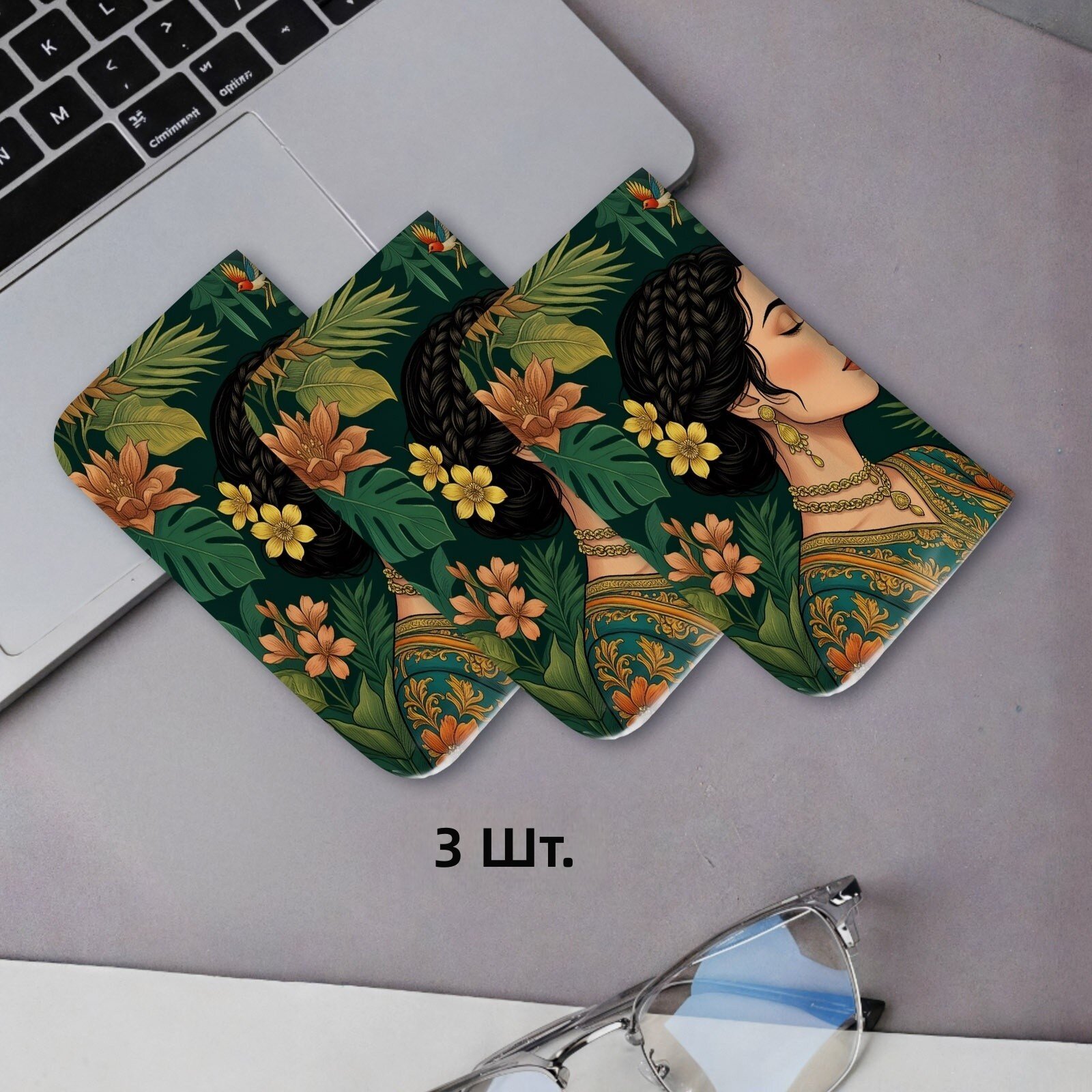 Салфетка для очистки линз, очков и экранов, 3 шт, 15x18 см, односторонняя, мягкая безворсовая ткань из полиэстера с тропическим женским принтом