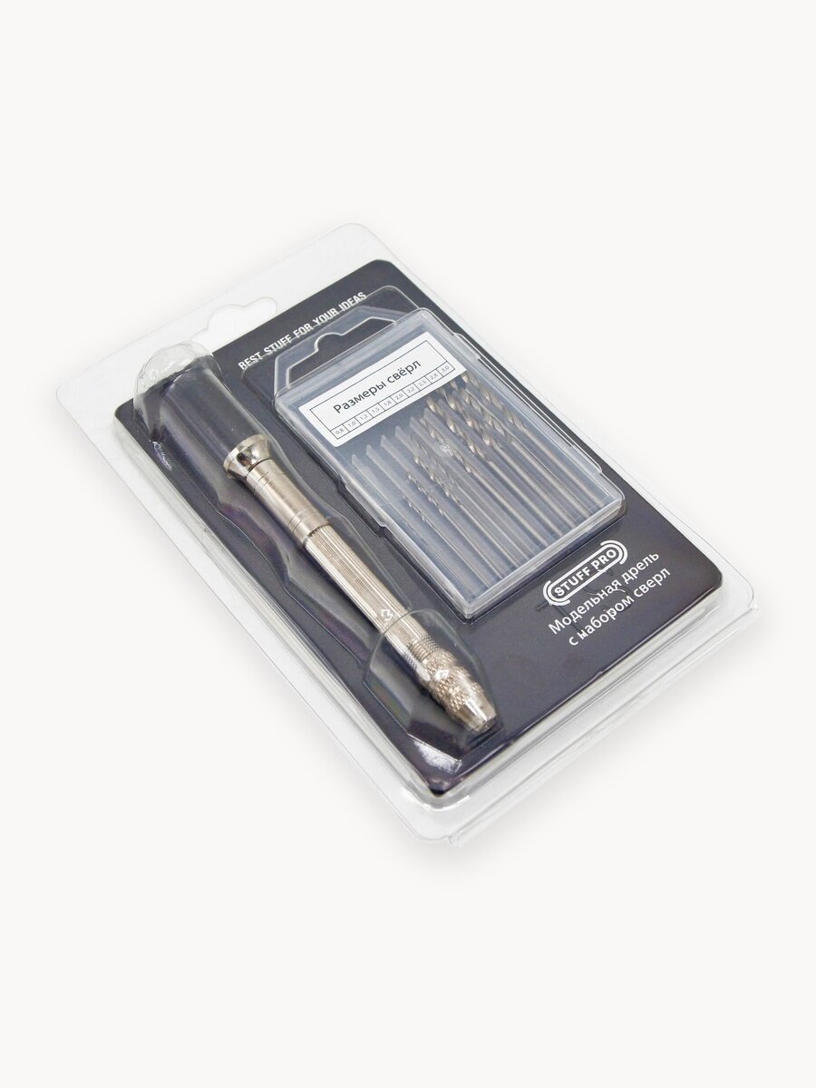 Модельная ручная дрель Stuff Pro для миниатюр из пластика, в блистере с набором сверл