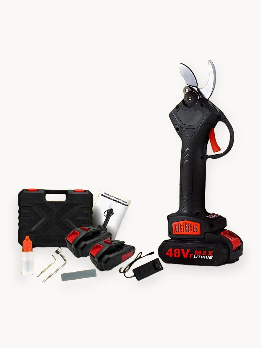 Электрический беспроводной секатор, с двумя аккумуляторами и кейсом, садовый секатор аккумуляторный, секатор для сада