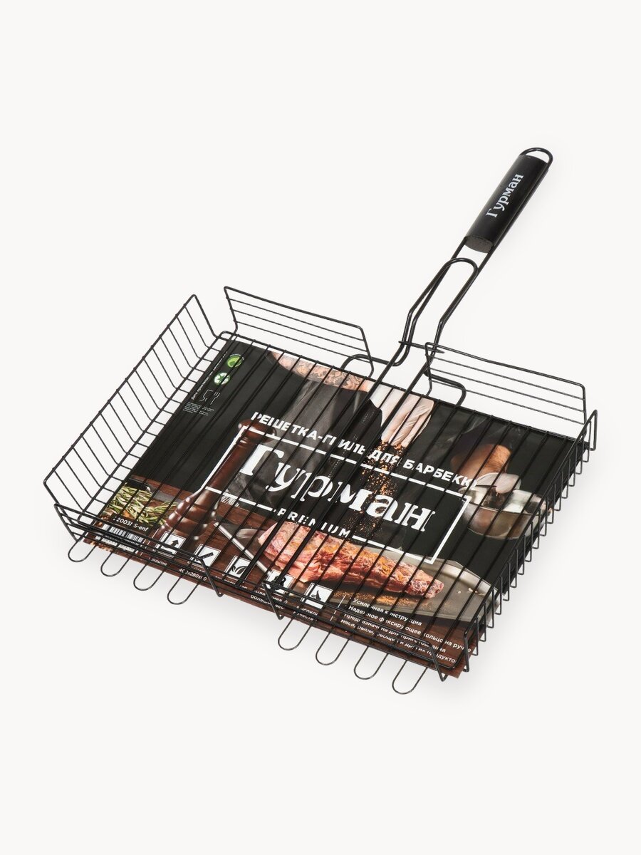 Решетка барбекю 400х280х60 мм, Гурман, Люкс, сталь, 4 уровня, антипригарное покрытие, рукоятка дерево, 22003NS-enf