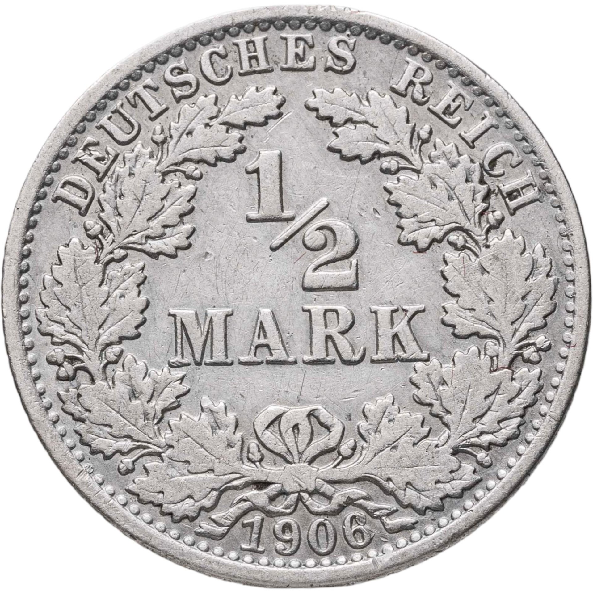 Германия 1/2 марки mark 1906 A знак монетного двора: "A" - Берлин, Серебро 900, в сохранности VF