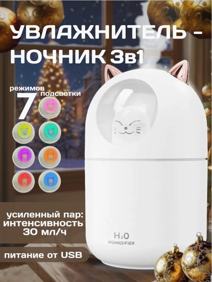 Увлажнитель воздуха мини Котик с подсветкой, ультразвуковой увлажнитель для дома, ночник светильник, белый