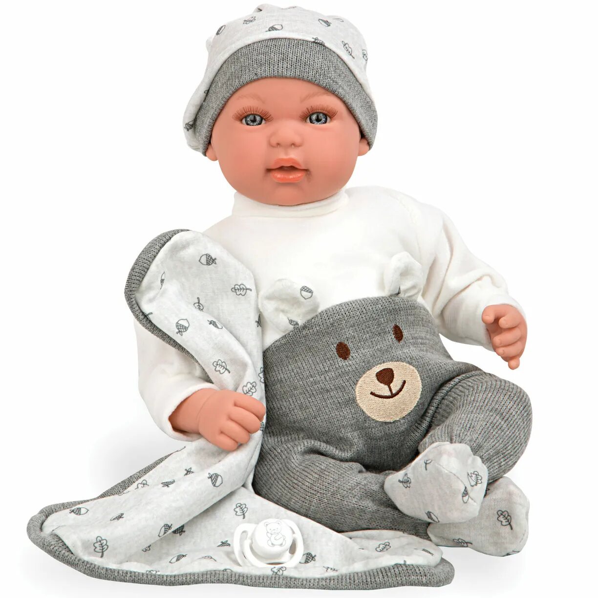 Кукла пупс Arias elegance mies реборн мягкая со звуковыми эффектами в серой одежде с соской и пледом 45 см