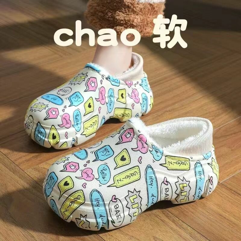 MOOCIE Хлопковые тапочки для улицы, симпатичная домашняя одежда, модная обувь на толстой подошве, нескользящая, мягкая, теплая обувь из хлопка для женщин, водонепроницаемые набойки