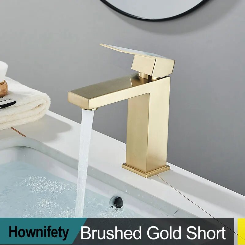 Черный смеситель для раковины из нержавеющей стали, смеситель для холодной и горячей воды, кран, никелированное золото, крепление на палубу, короткий, высокий смеситель для мытья посуды, Brushed Gold Short