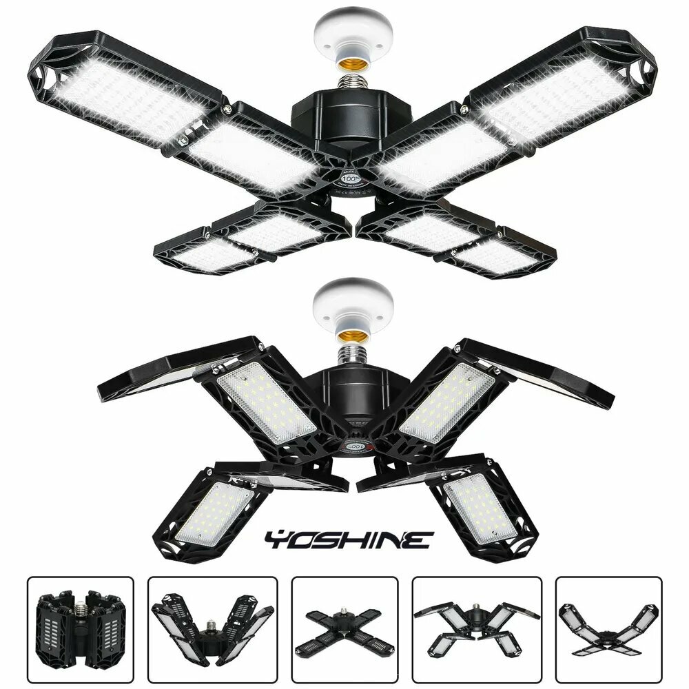 Супер яркий светодиодный гаражный светильник мощностью 75 Вт с 8 регулируемыми панелями, основание 15000LM 6500K E27, для магазина, мастерской, подвала