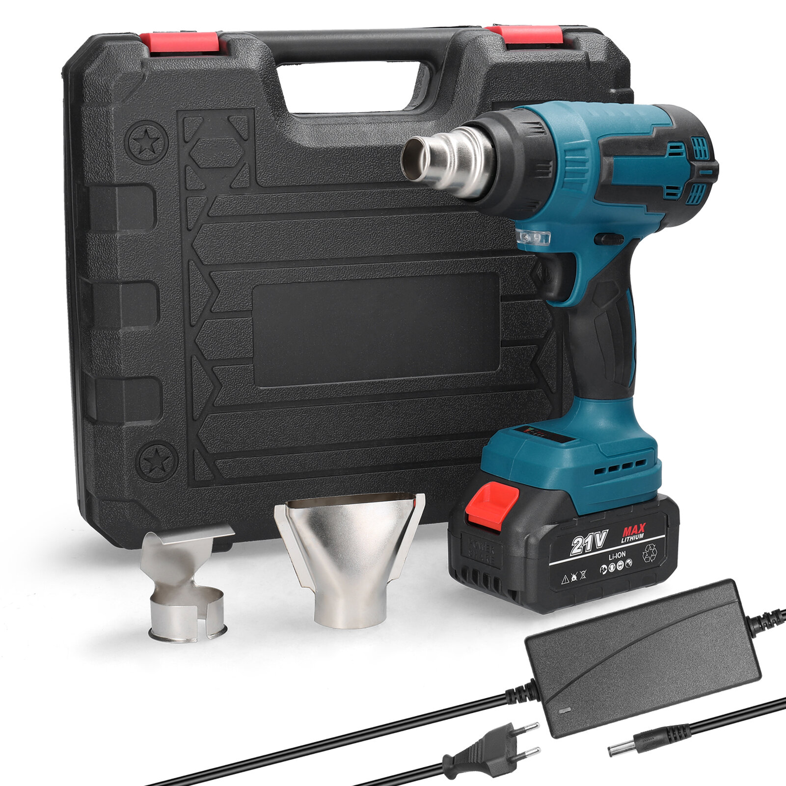 Беспроводной литиевый аккумуляторный термофен с 3 насадками, высокотемпературный электроинструмент для термоусадочной пленки для труб из ПВХ и многого другого