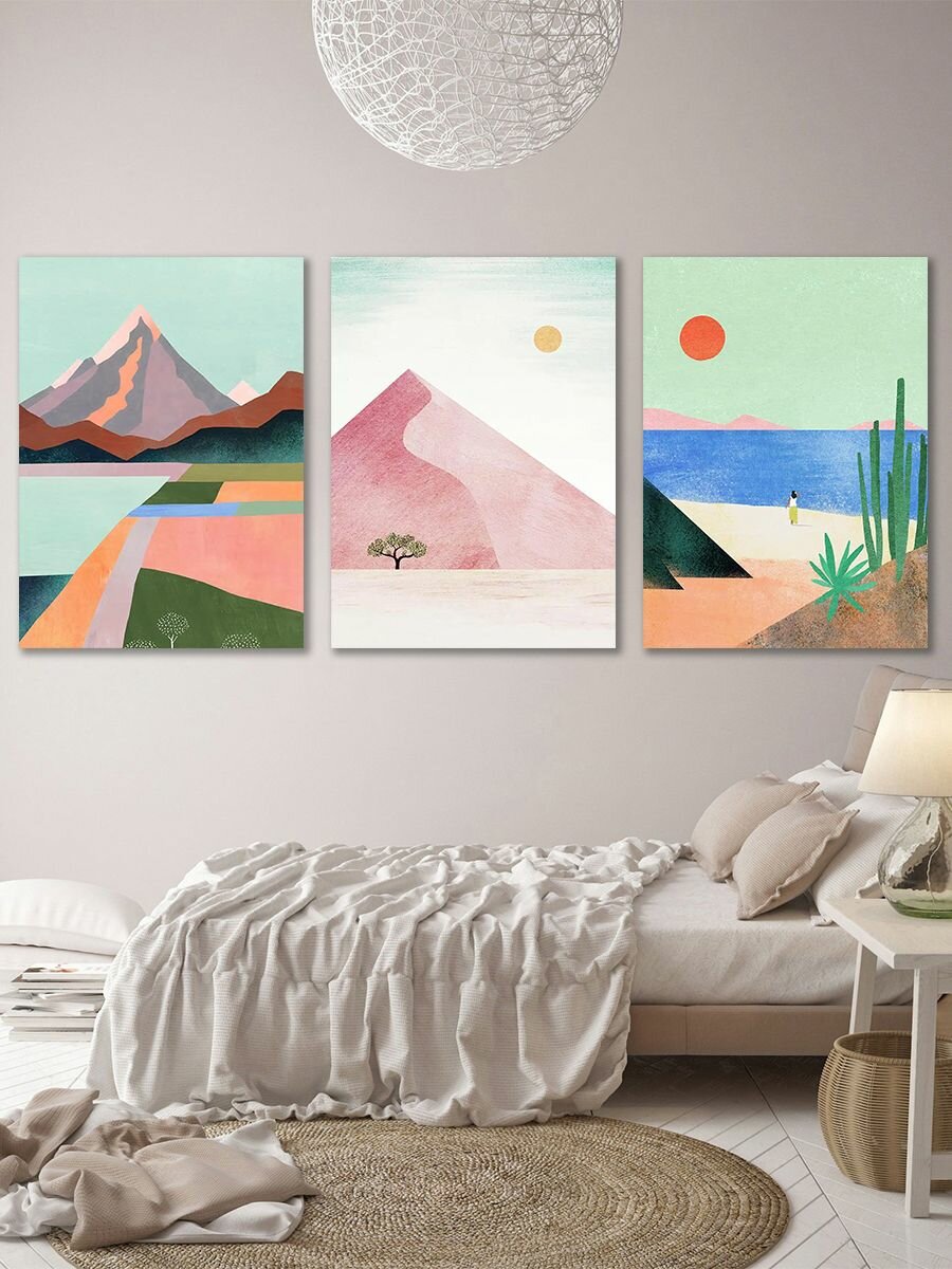 Картина модульная на стену / композиция из 3-х картин, "Природа, минимализм горы море лес абстрактное бохо", 70х150 см.