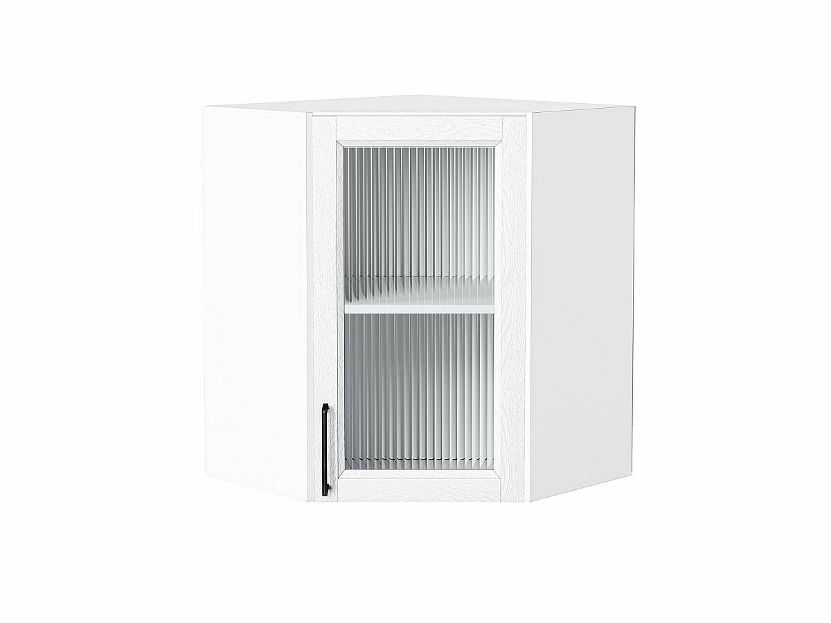 Шкаф верхний угловой остекленный Сканди, цвет фасада White Silkwood, цвет каркаса Белый, стекло Magic Moru V, 716*600*600 мм