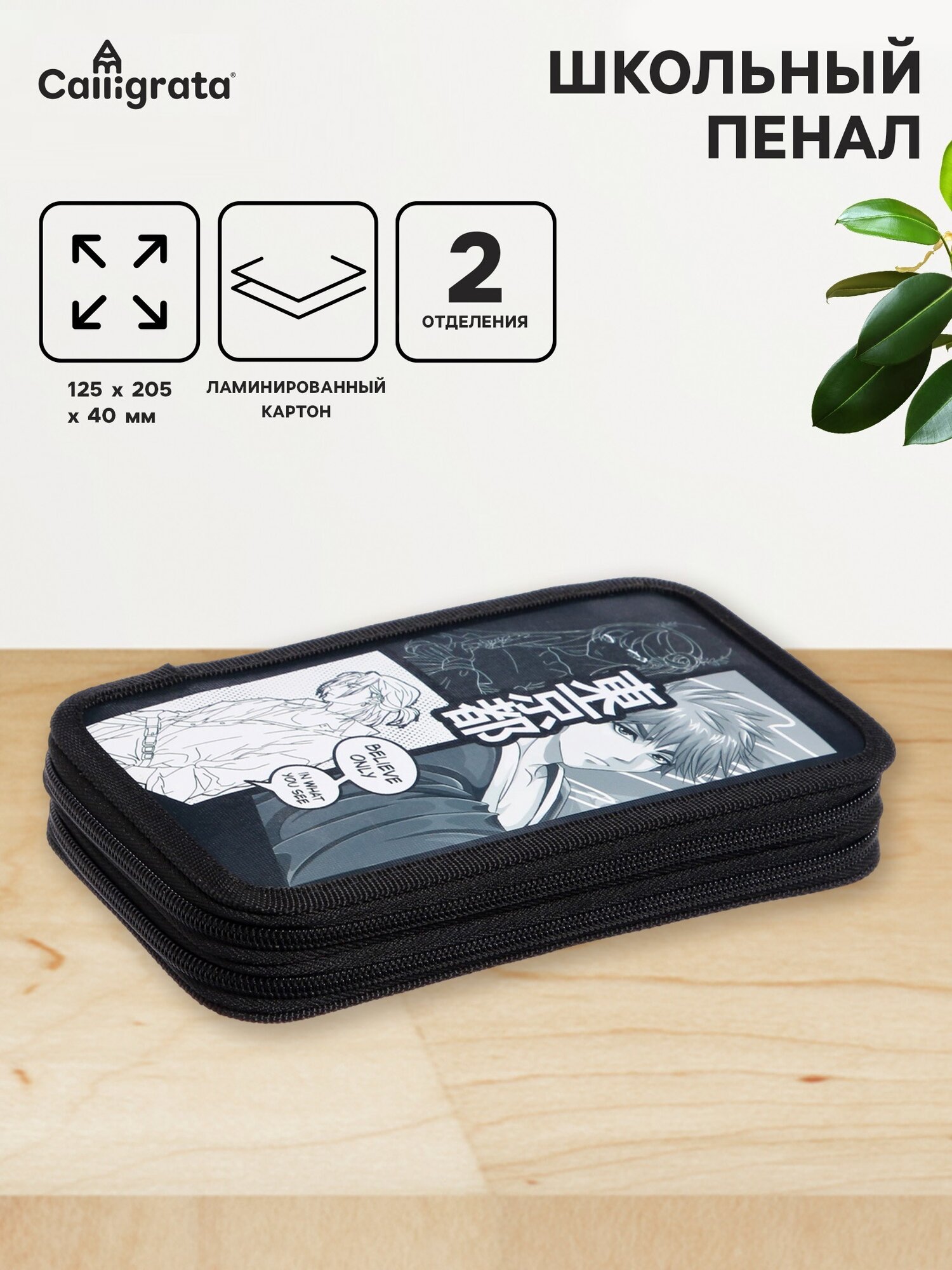 Пенал школьный, 2 секции, 12.5 × 20.5 × 4 см,«Аниме принт», для детей