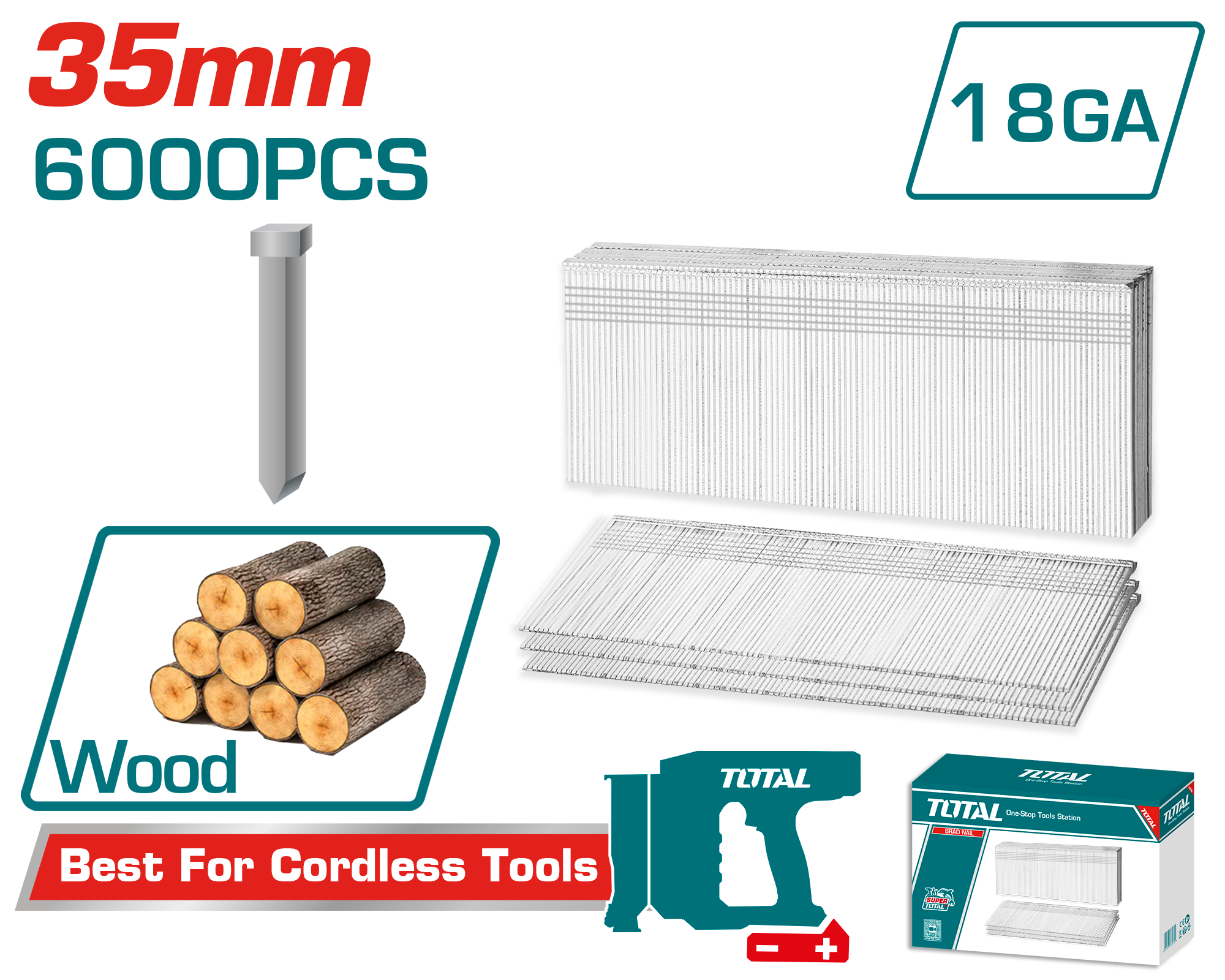 Гвозди для гвоздезабивателя TOTAL TAC918356, длина 35мм, сечение 1,25мм, 6000шт.