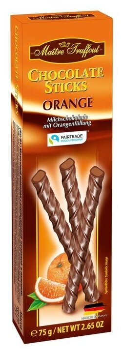 Шоколадные палочки Maitre Truffout с апельсиново-шоколадным кремом, 75 г