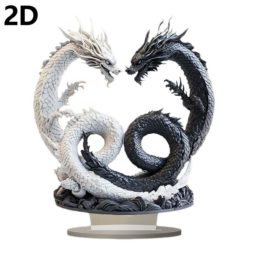 Yin Yang Double Dragon Acrylic Ornament 25x21cm - Unique Desk and Shelf Decor, Black and White