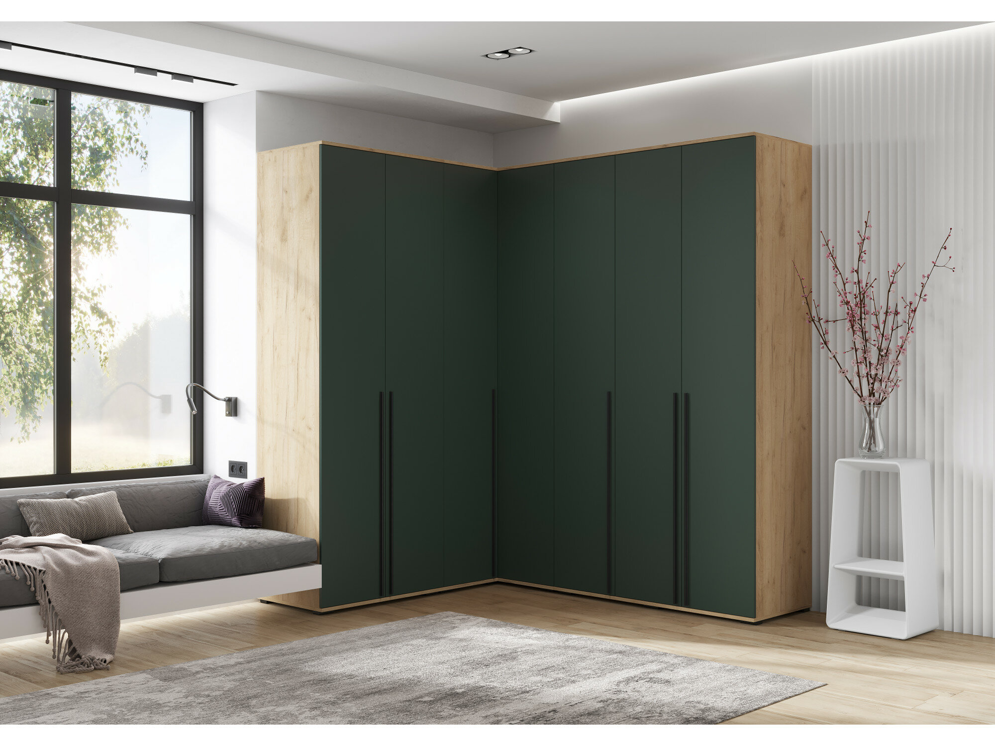 Угловая композиция шкафов (2-х ств + 3-х ств + угловой), Дуб крафт/Изумрудный ЛДСП