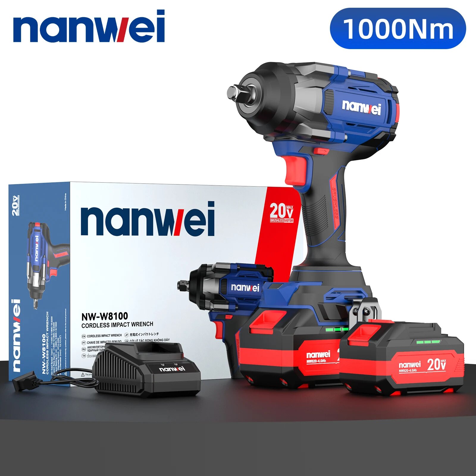 Электрический ударный гайковерт NANWEI 20В 1000 Нм 4.0AH 2 batteries