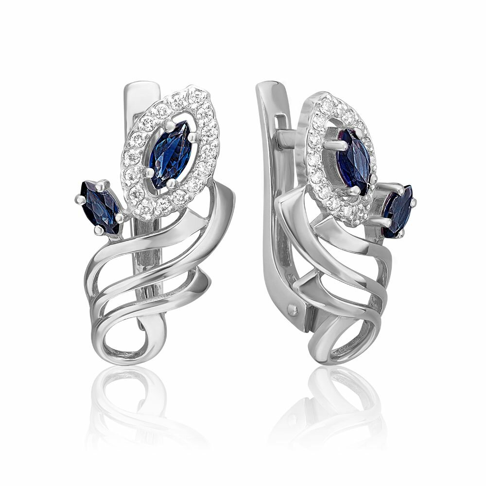 Серьги, белое золото, 585 проба, родирование, бриллиант, сапфир