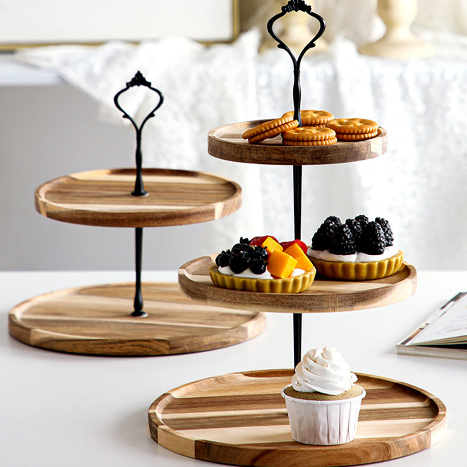 Деревянная подставка для десерта Экологическая простая винтажная деревянная подставка для десерта Подставка для десерта Фруктовый торт Закуска Черная корона 3 слоя