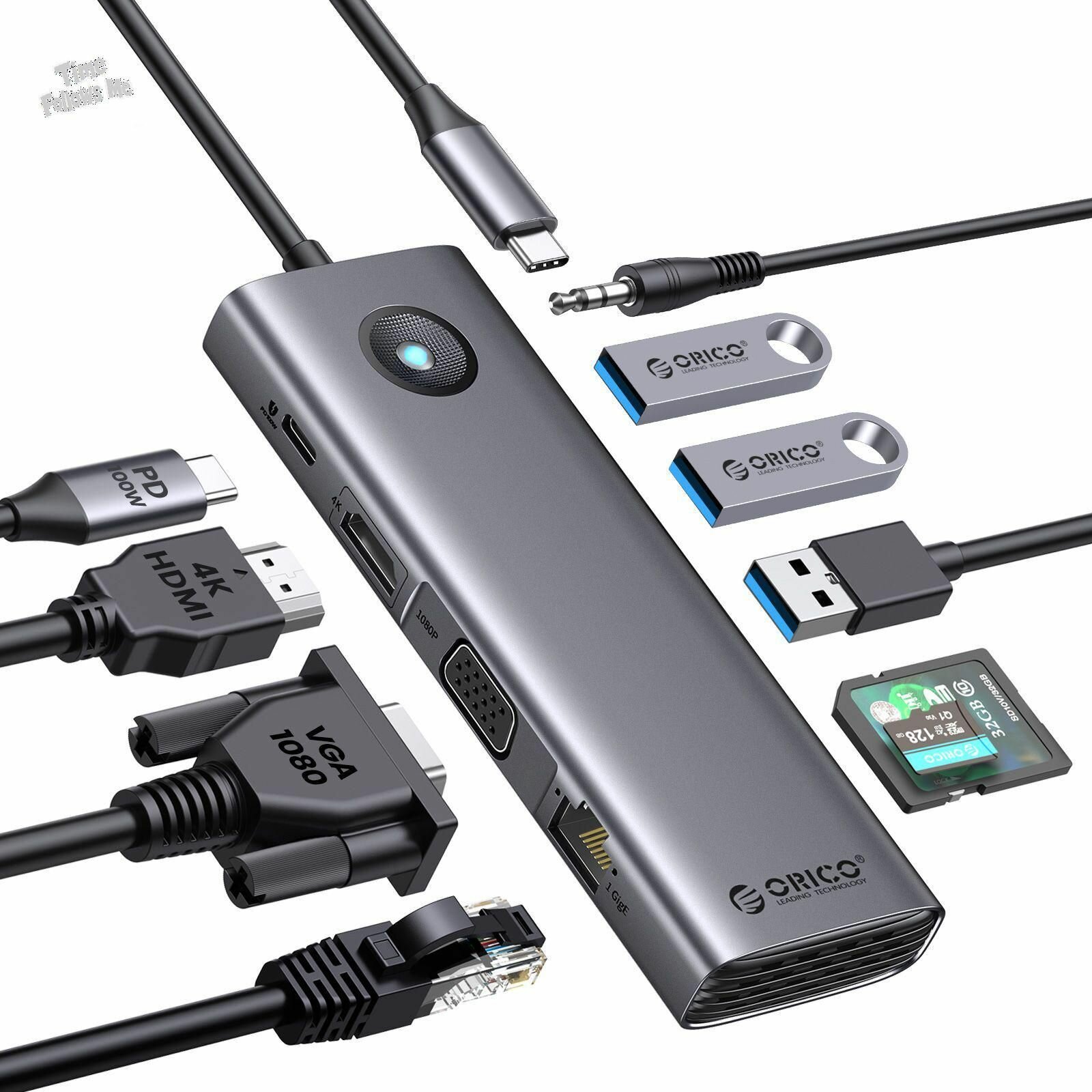 USB HUB ORICO PW11 10 в 1 usb разветвитель док-станция, USB-A 3.0 HDMI 4K SD&TF VGA1080P RJ45, PD 100 Вт Ввод 3.5 ммАудио, Работайте эффективно будьте, широко совместимы, серый