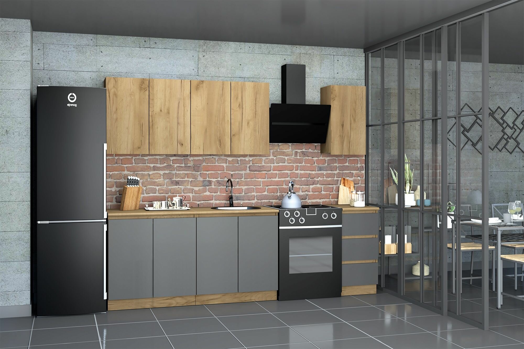 Кухонный гарнитур "Хилтон" 2,0 м. модульный готовый комплект, Дуб Крафт золотой/Графит, столешница в комплекте