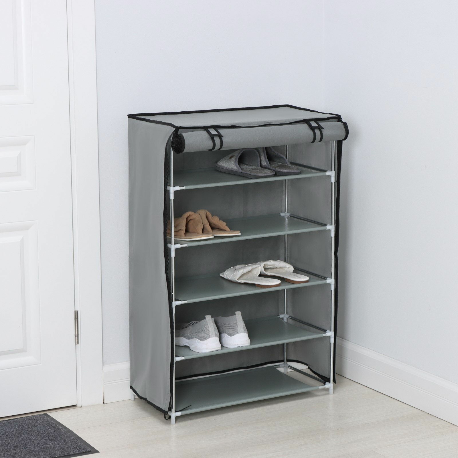 Полка для обуви с чехлом 5 уровней, 60x30x90 см, серая, цвет: серый