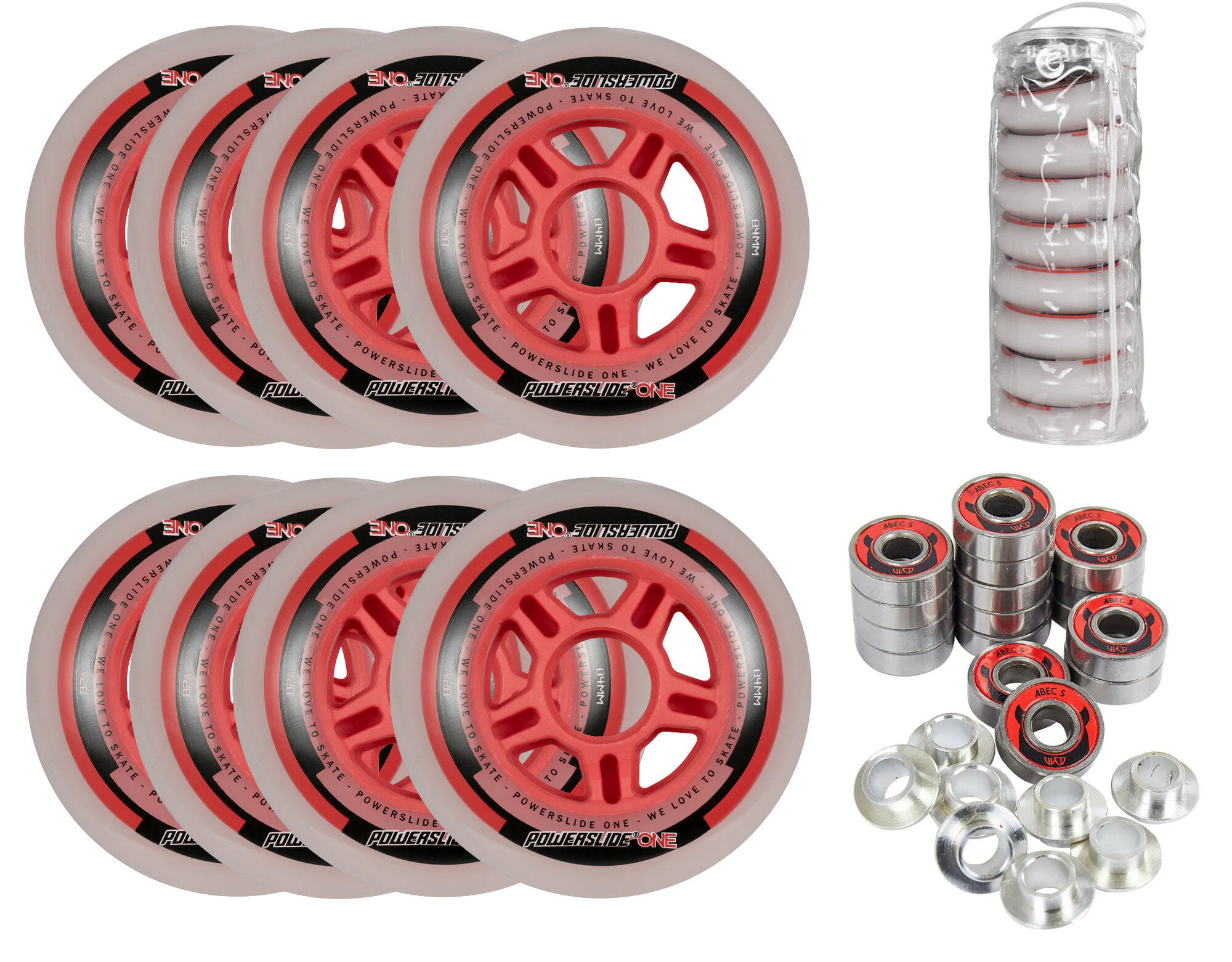 Набор колес, 8шт: Powerslide ONE 76мм/82А + ABEC5 + Alu Spacer 8mm