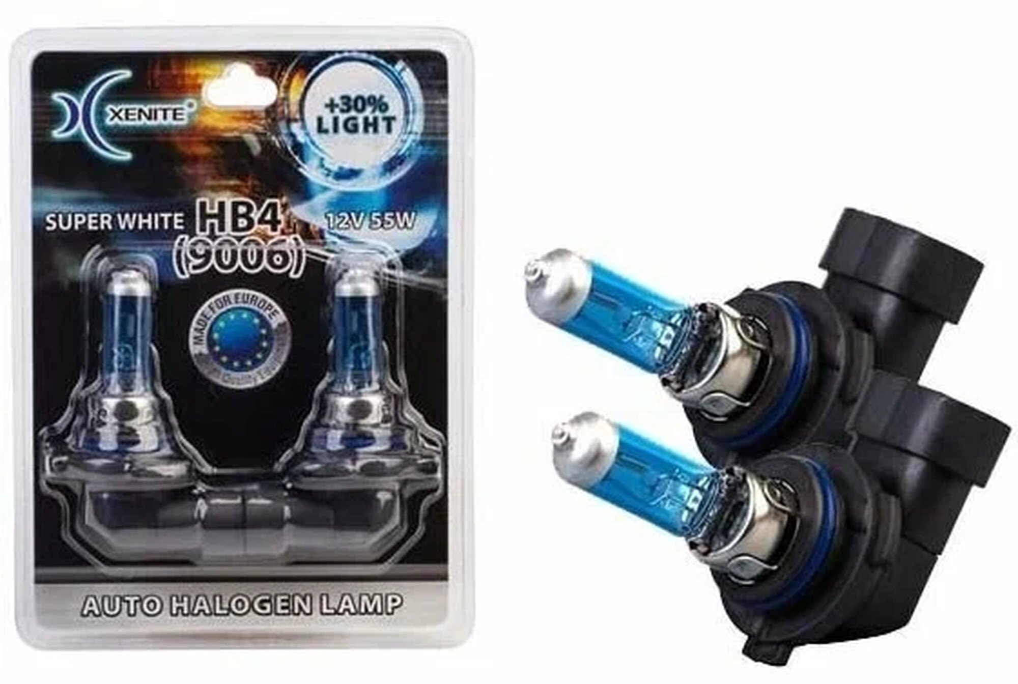 Лампа галогеновая головного света HB4(9006) P22d 4000K SUPER WHITE+30% 12V 55W Блистер 2 1007, XENITE 1007041