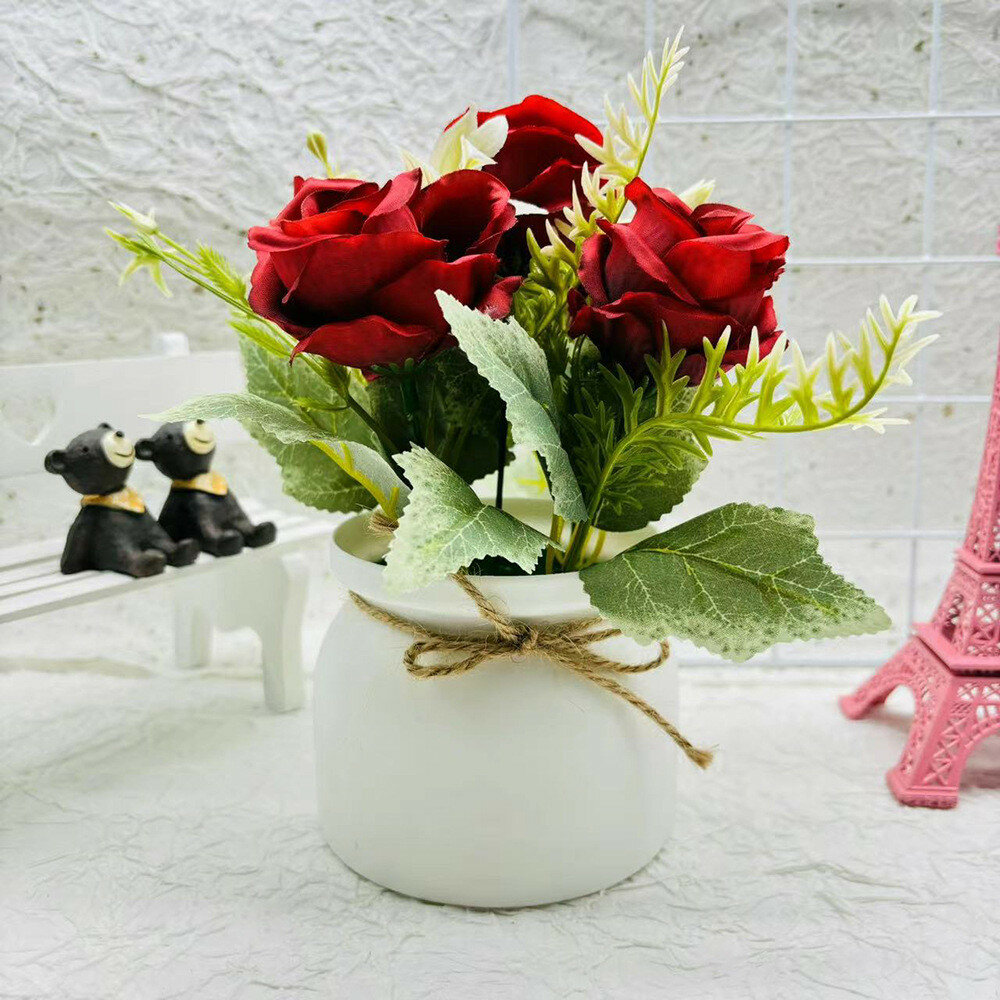 Plastic rose flower arrangement decorative plant for home desk decor red