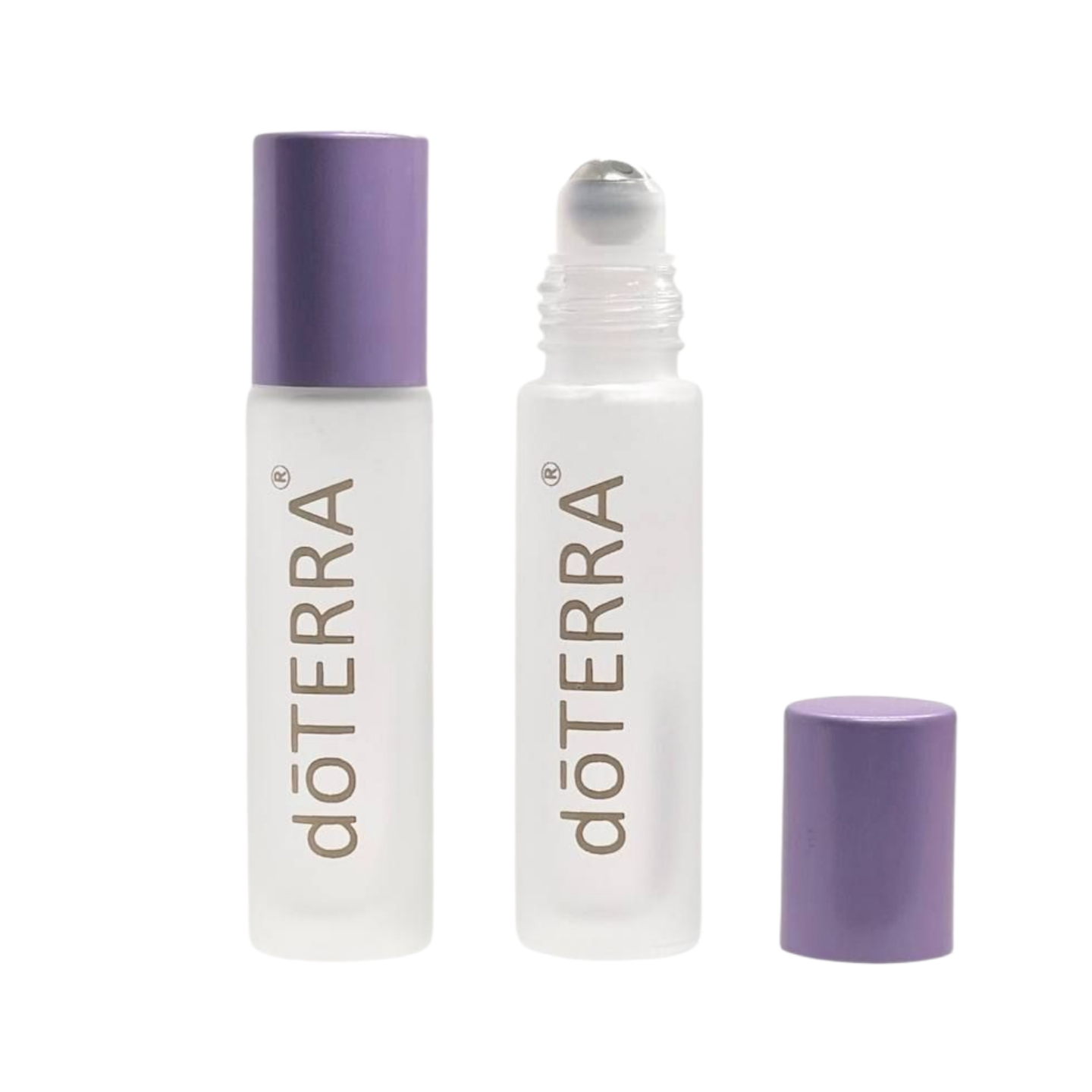 Набор роллеров для эфирных масел, 6 штук по 10мл, белое матовое стекло, золотистый логотип doTERRA, фиолетовая крышка