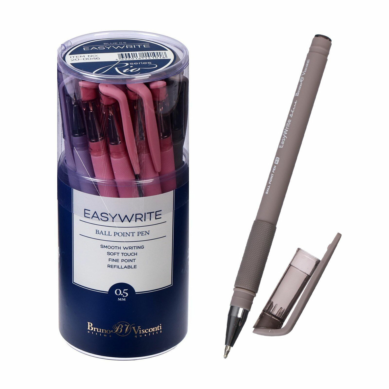 Ручка шариковая. EasyWrite. RIO, синий стержень, узел 0.5 мм, резиновый упор, микс, 4 шт.