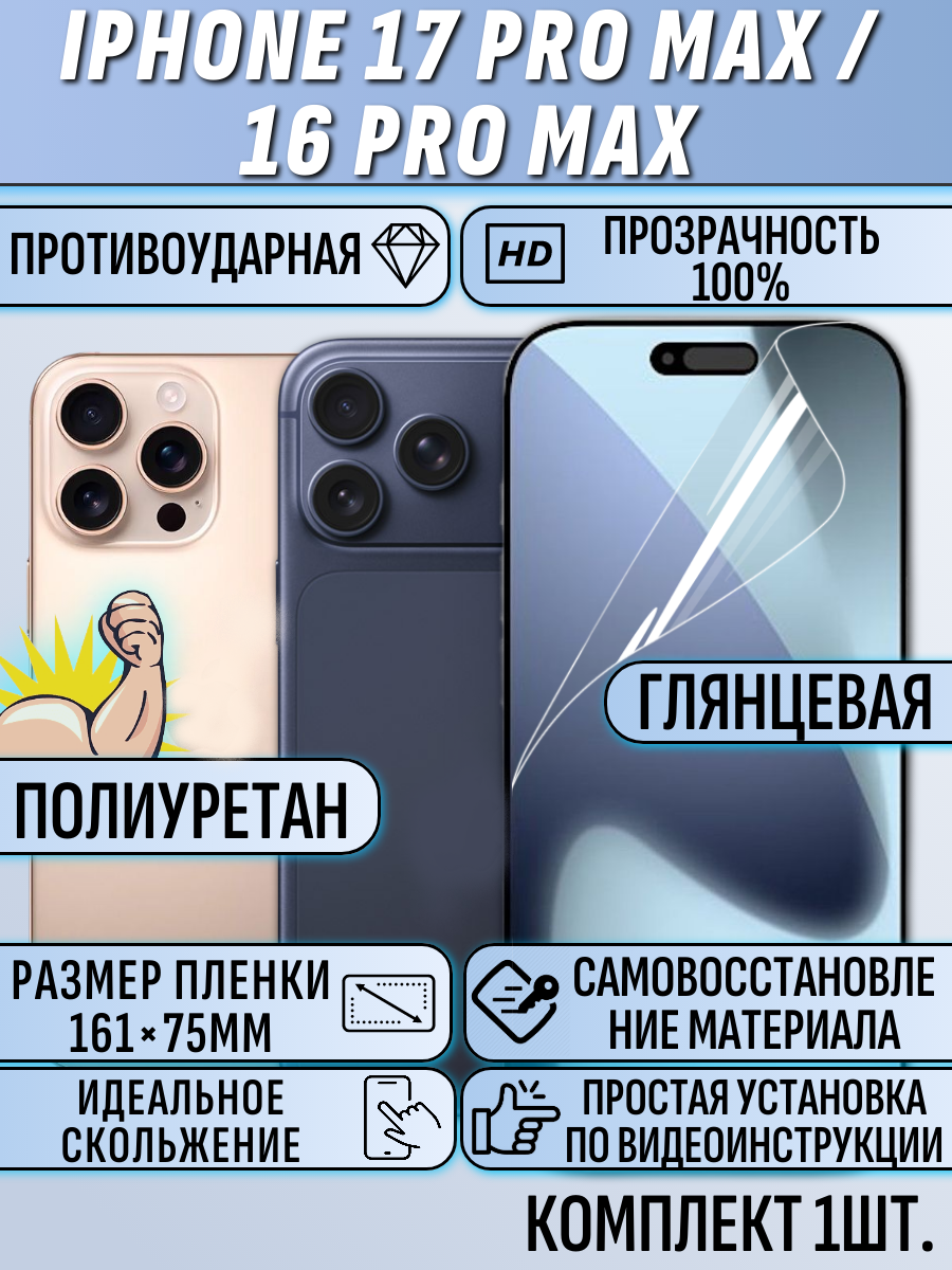 Гидрогелевая пленка iPhone 17 Pro Max / iPhone 16 Pro Max глянцевое полиуретановое защитное покрытие