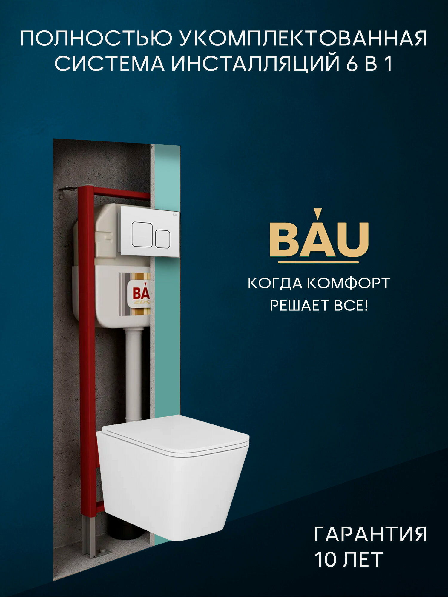 Комплект BAU 6 в 1: рамная инсталляция BAU NEO 45, унитаз подвесной безободковый торнадо обратного потока Bau Stil Hurricane-2, сиденье дюропласт микролифт, кнопка смыва BAU Soul, белая