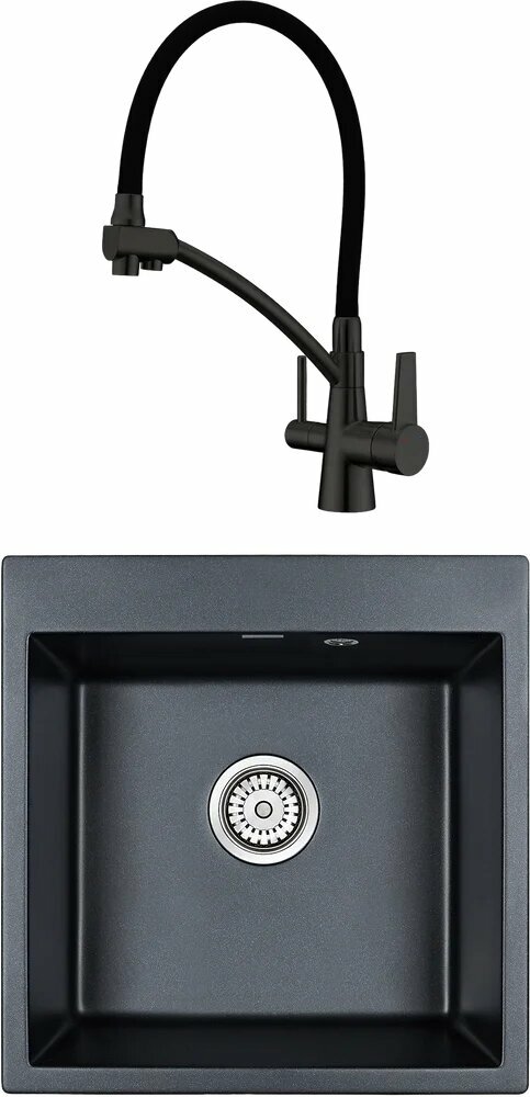 Комплект Мойка Paulmark Kante 50 PM105152-BLM, черный металлик / Смеситель Gappo G4398-16, с гибким изливом, черный