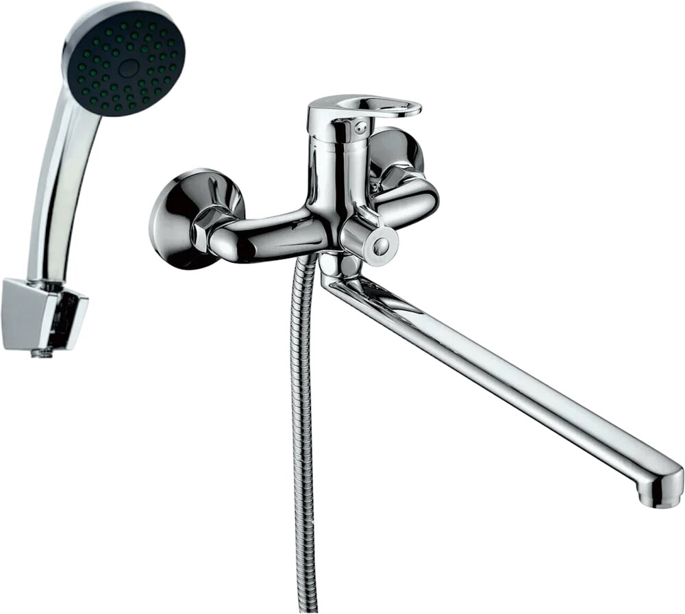 Смеситель с длинным изливом для ванны D-lin 310-2 D146310-2 с душевым гарнитуром, поворотный, металлический, хром, глянцевый, смеситель для ванны с душем, рычажный, с настенным держателем