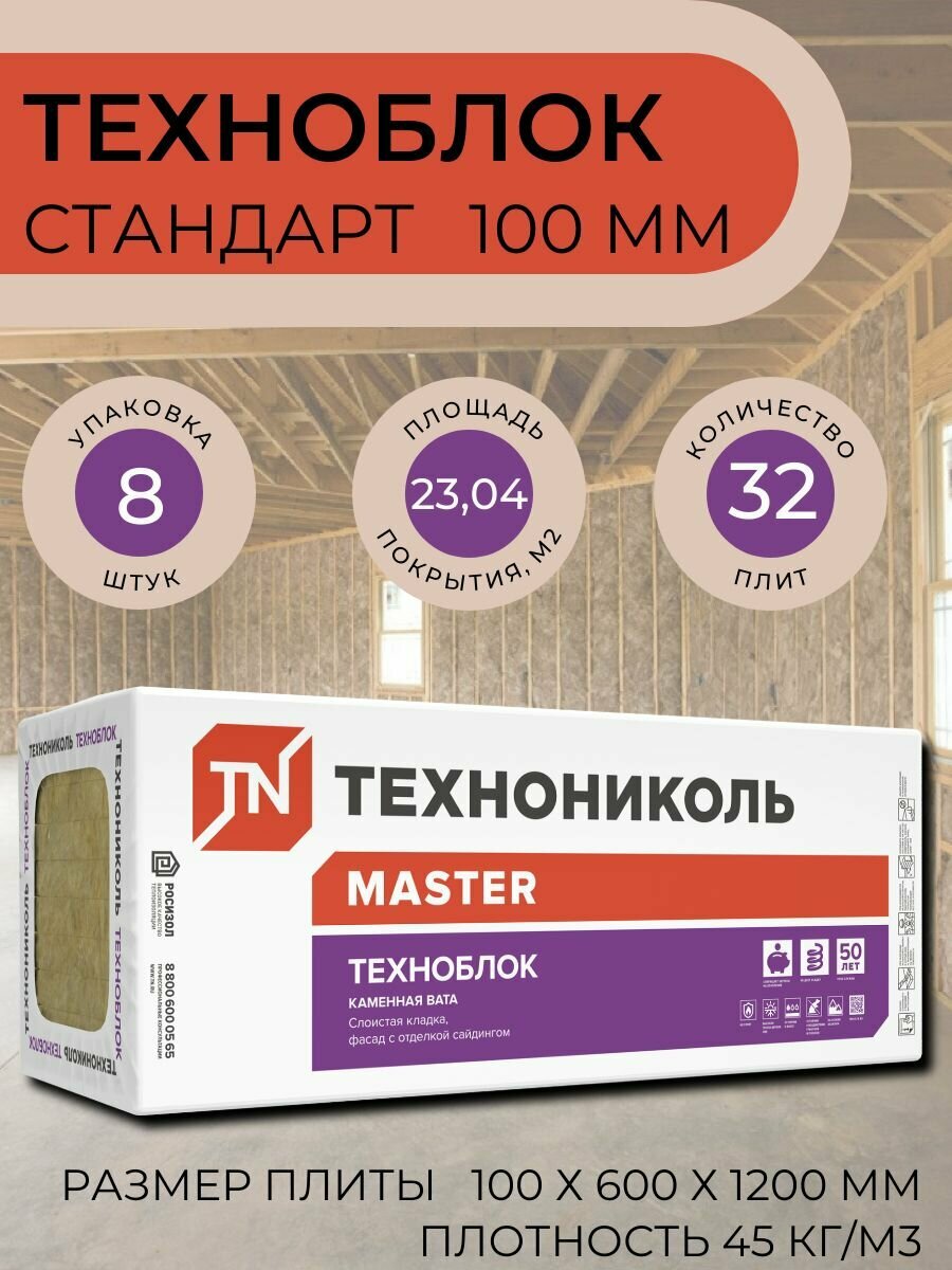 Утеплитель технониколь Техноблок Стандарт, 100мм, 8уп, 32плиты