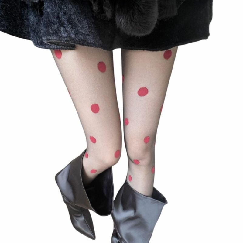 Ультратонкие жаккардовые чулки в красный крупный круглый горошек