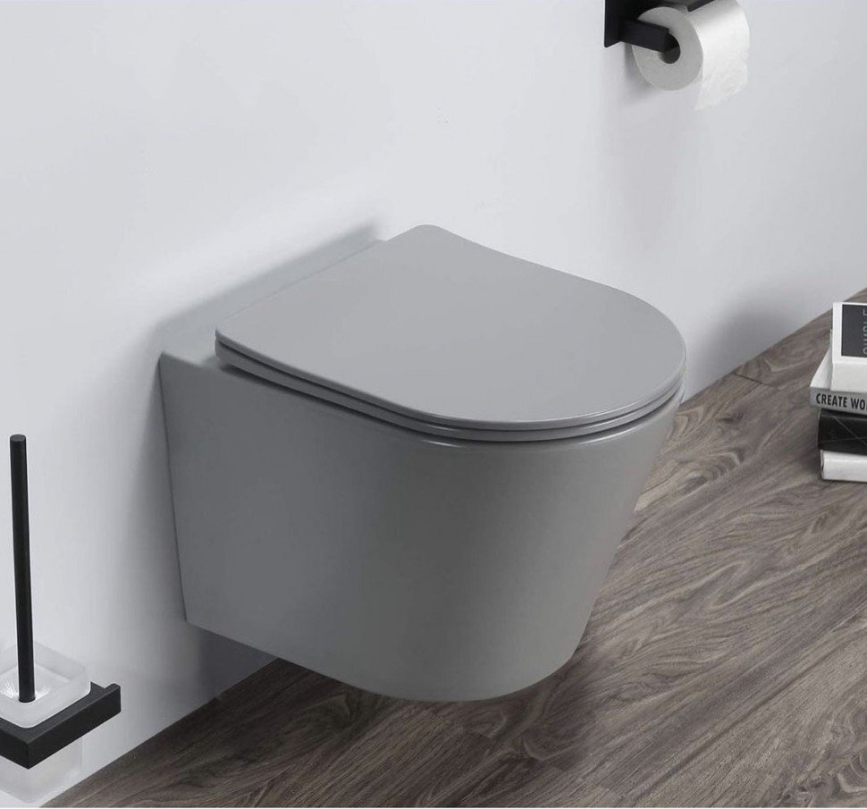 Унитаз подвесной CeramaLux B2330-3MH светло-серый матовый, безободковый, с крышкой микролифт
