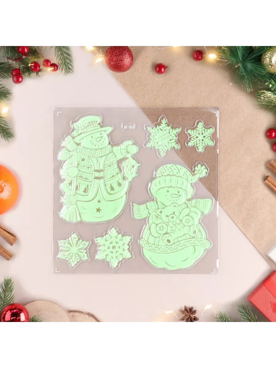 Наклейки на окна, светящиеся Новогодние снеговики