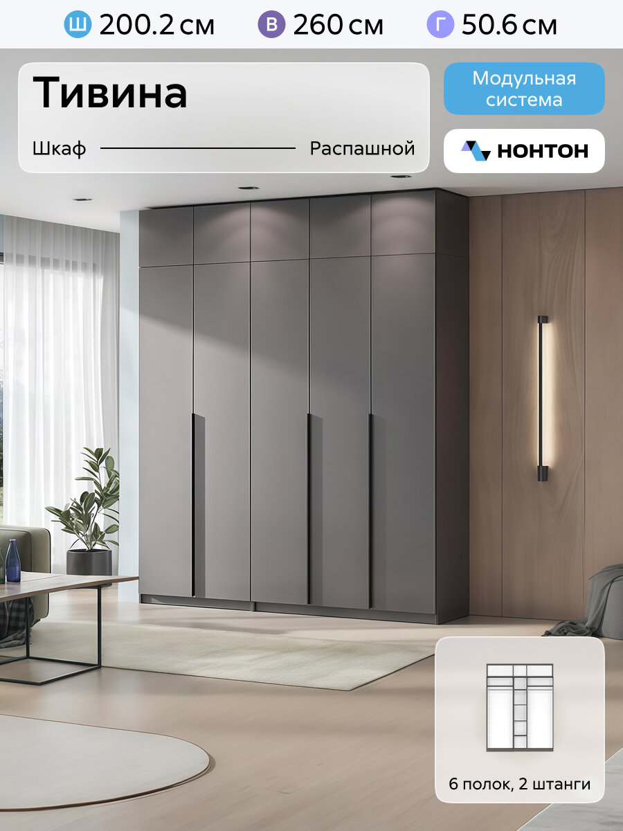 Комплект распашных шкафов для одежды Нонтон Тивина, с антресолью, 2 шт, 200 см, 6 полок и 2 штанги, графит серый
