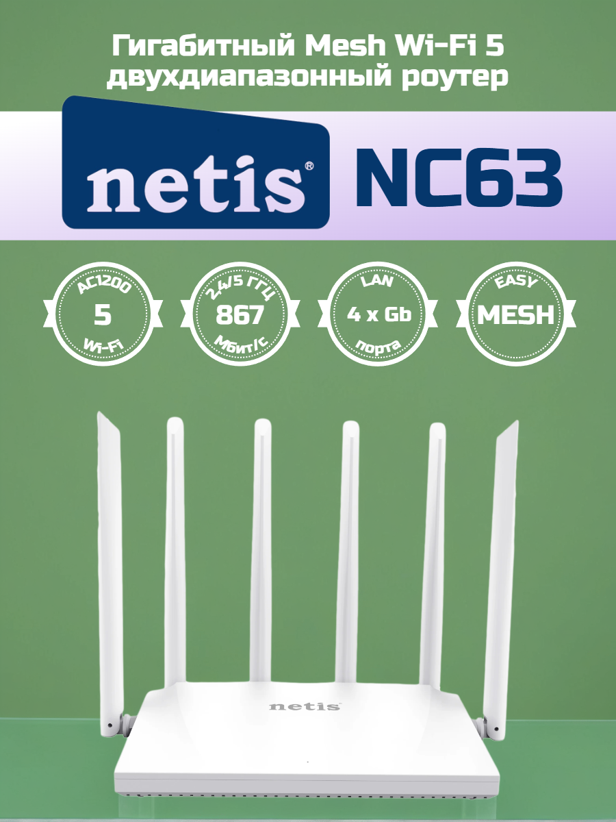 Роутер netis NC63 Гигабитный Двухдиапазонный с поддержкой Easy Mesh и шестью антеннами 5 дБи
