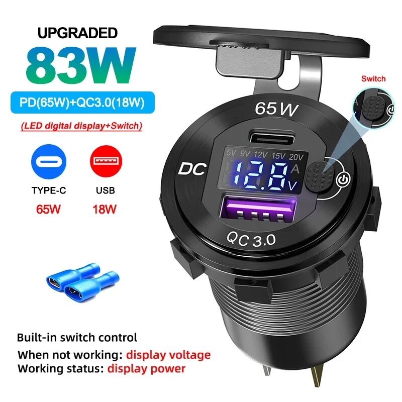 Автомобильное зарядное устройство USB C 12 В/24 В, 83 Вт, быстрая зарядка, 65 Вт PD3.0 и 18 Вт QC3.0, светодиодный цифровой дисплей и выключатель питания для автомобиля, квадроцикла, мотоцикла, Upgraded Blue