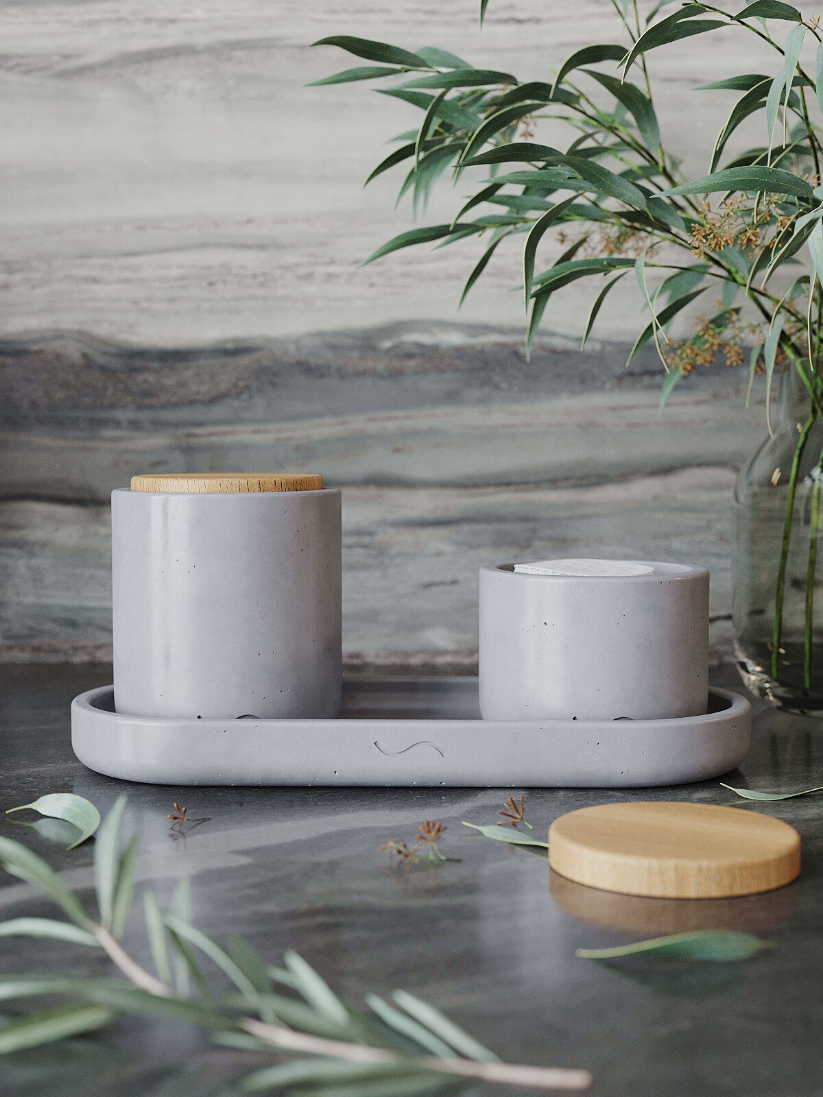 Набор для ванной Astrid 11 (поднос S, 26х11 см, подставки для ватных палочек и дисков для XS + S), бетон, серый