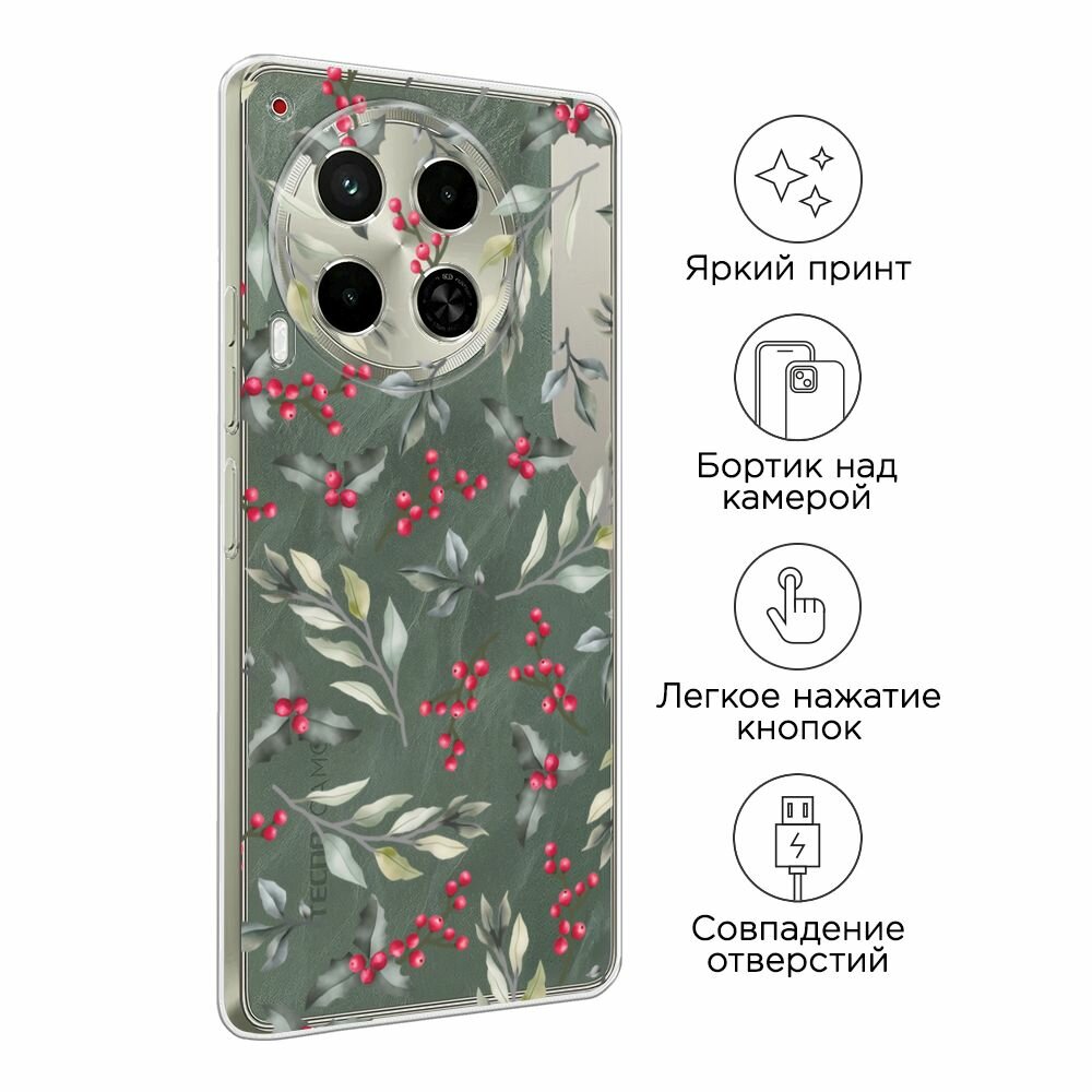 Чехол на Tecno Camon 30 5G / Текно Камон 30 5G с принтом Зимние ягоды паттерн, прозрачный — фото 1
