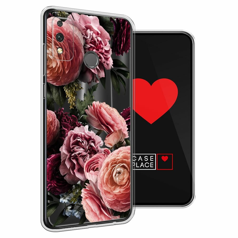Чехол на Honor 9X Lite / Хонор 9X Лайт с принтом Бордовые винтажные цветы, прозрачный — фото 1