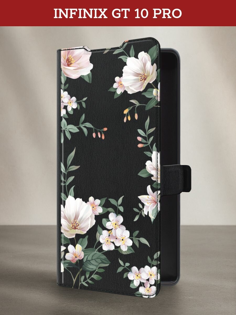 Чехол-книжка на Infinix GT 10 Pro / Инфиникс GT 10 Про с рисунком "Beautiful white flowers"